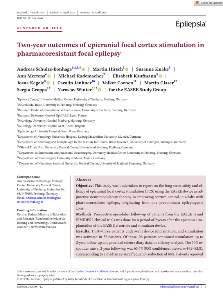 Epilepsia - 2025 - Schulze Bonhage - Two Year Outcomes of Epicranial Focal Cortex Stimulation in ...