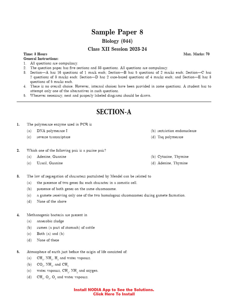 BY Sample Paper 8 Unsolved | PDF | Translation (Biology) | Conservation Biology