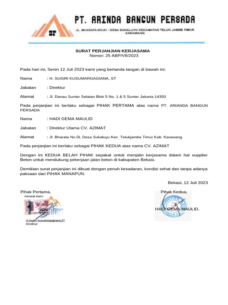 Surat Perjanjian Kerjasama Kemitraan Usaha | PDF