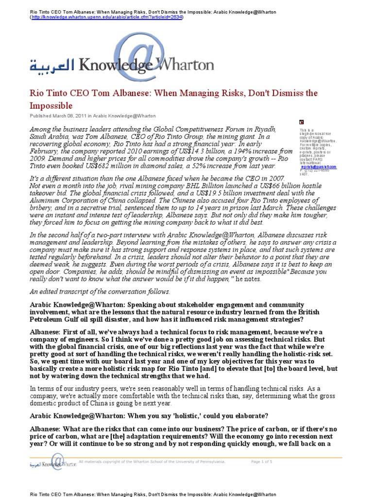 Rio Tinto Tom On Risk | PDF | Mining | Risk