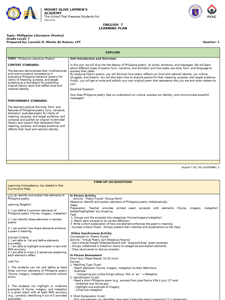 English 7 - Q1 Learning Plan | PDF | Poetry | Narrative
