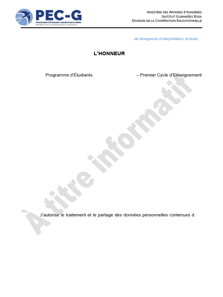 Déclaration d'honneur PEC-G 2026 | PDF | Brésil | Gouvernement