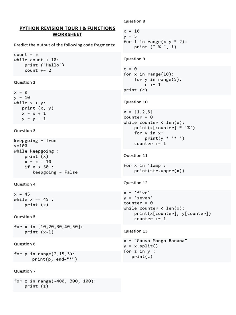 Python Revision Tour I & Functions Worksheet | PDF | Software ...