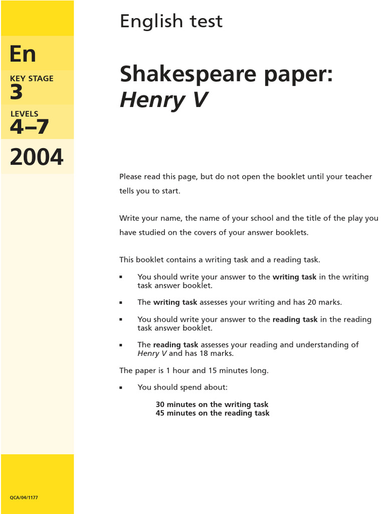 2004 Ks3 English SATs Paper - Shakespeare Henry V | PDF