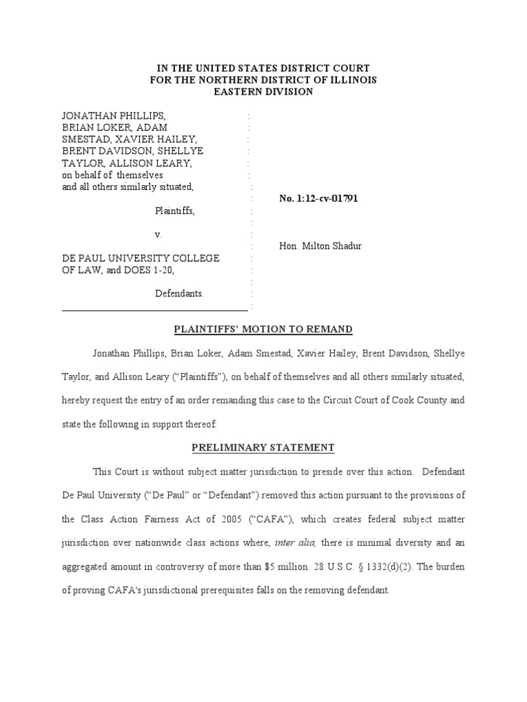 Plaintiffs' Motion to Remand Case | PDF | Diversity Jurisdiction ...
