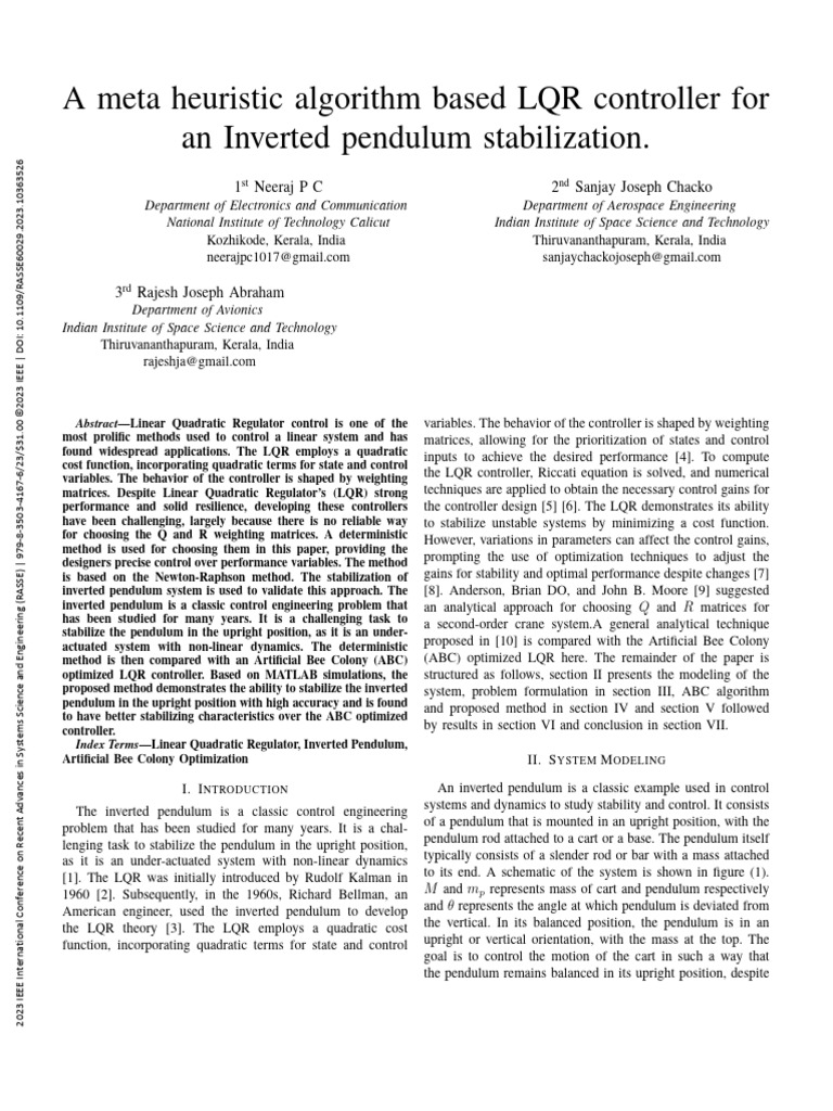LQR Controller for Inverted Pendulum Stabilization | PDF | Matrix ...