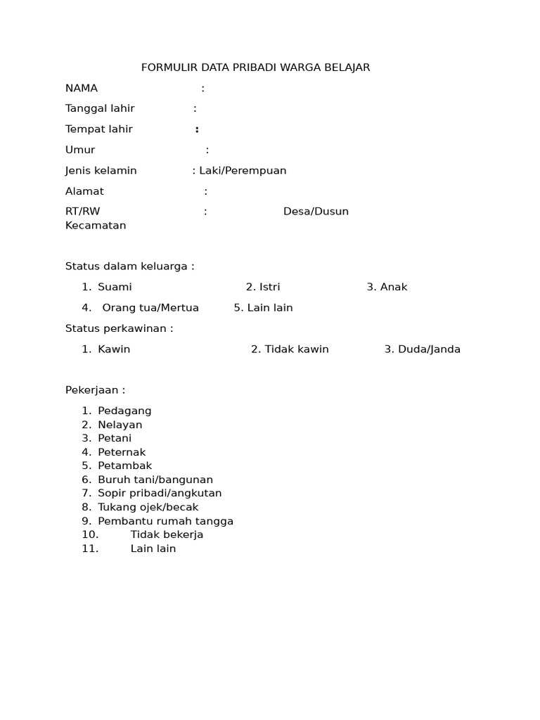 Formulir Data Pribadi Warga Belajar | PDF