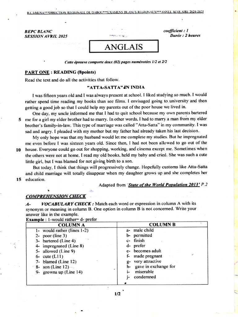 Devoir D'anglais Bepc Blanc Avril 2025 | PDF