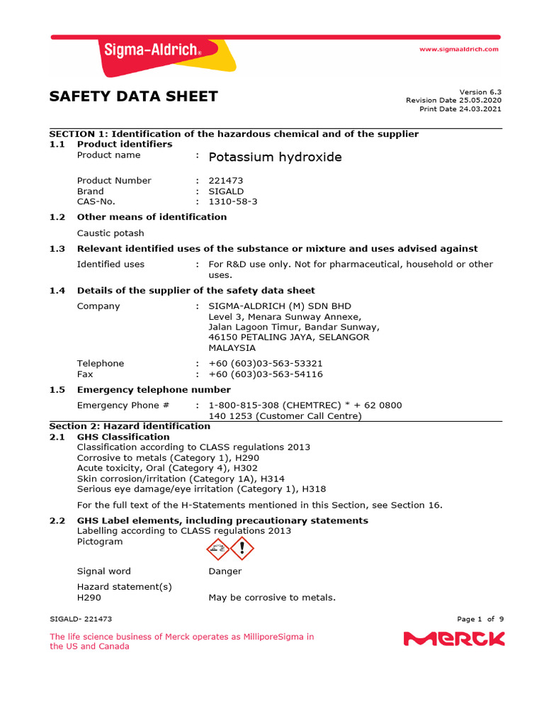 Potassium Hydroxide Safety Data Sheet | PDF | Toxicity | Personal ...