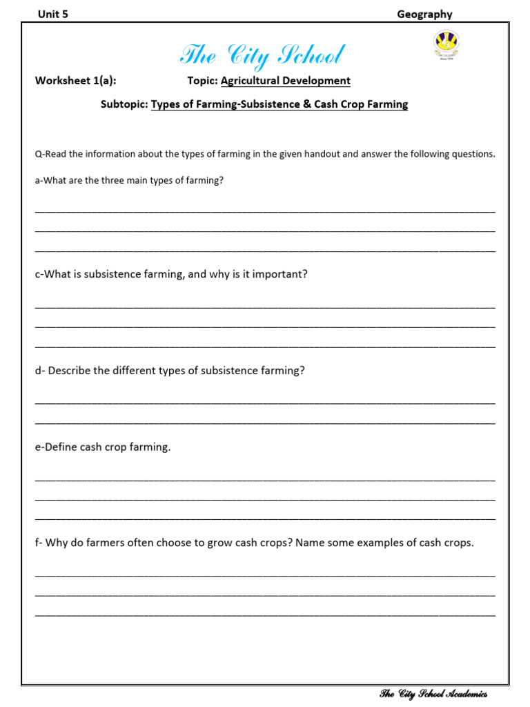 Worksheet 1 (A) - Types of Farming-Subsistence & Cash Crop Farming ...