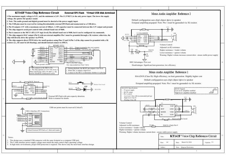 KT142F Voice Chip Reference Schematic - V3 | PDF | Amplifier | Usb