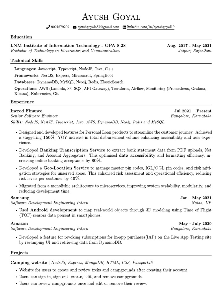 Aayush Goyal Resume Template | PDF