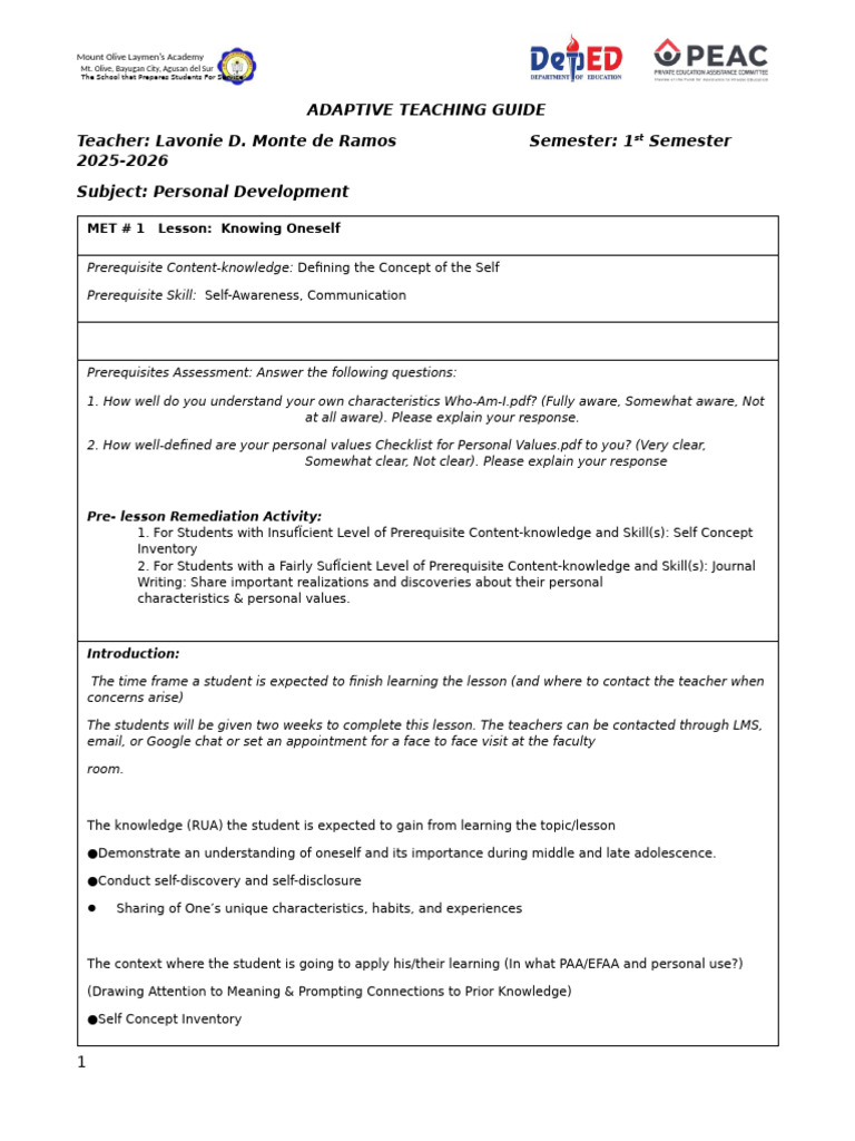 ATG MET 1 Personal Development | PDF | Self Concept | Learning