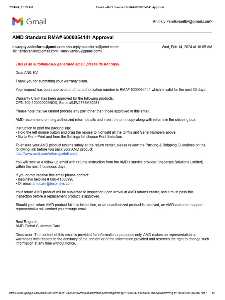 Gmail - AMD Standard RMA# 6000054141 Approval | PDF | Computing