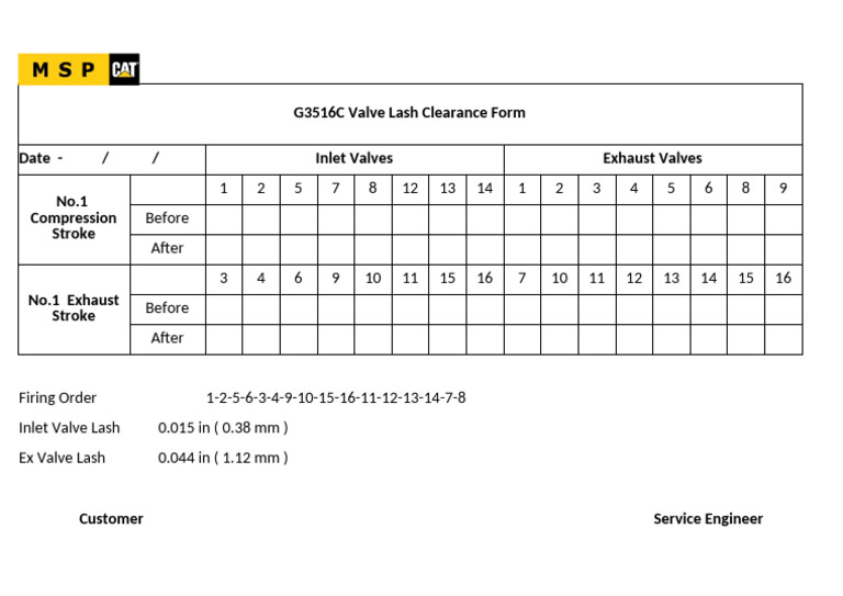 G3516C Valve Lash Form | PDF