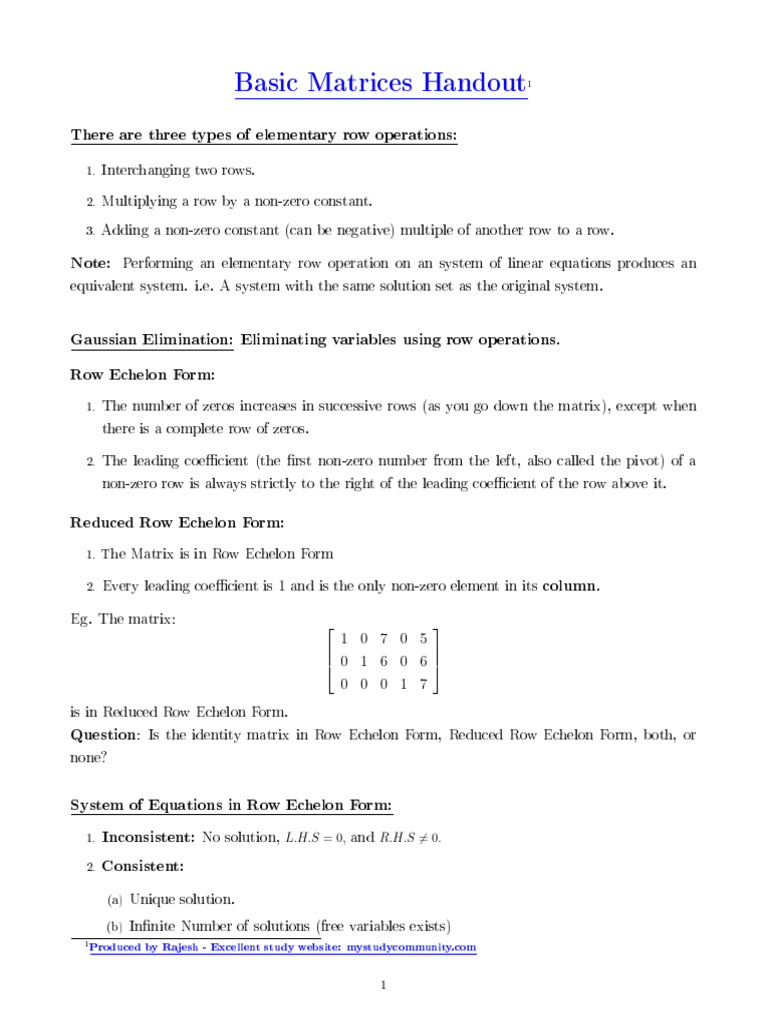 Basic Matrices Overview for Math 1141 | PDF | Matrix (Mathematics ...