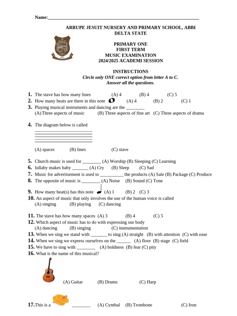 Primary 1 Music Examination 2024/2025 | PDF | Musical Instruments ...