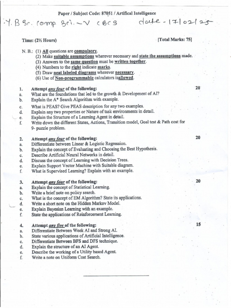 Artificial Intelligence PYQ FEB 2025 | PDF