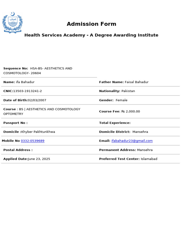 Health Services Academy Islamabad | PDF