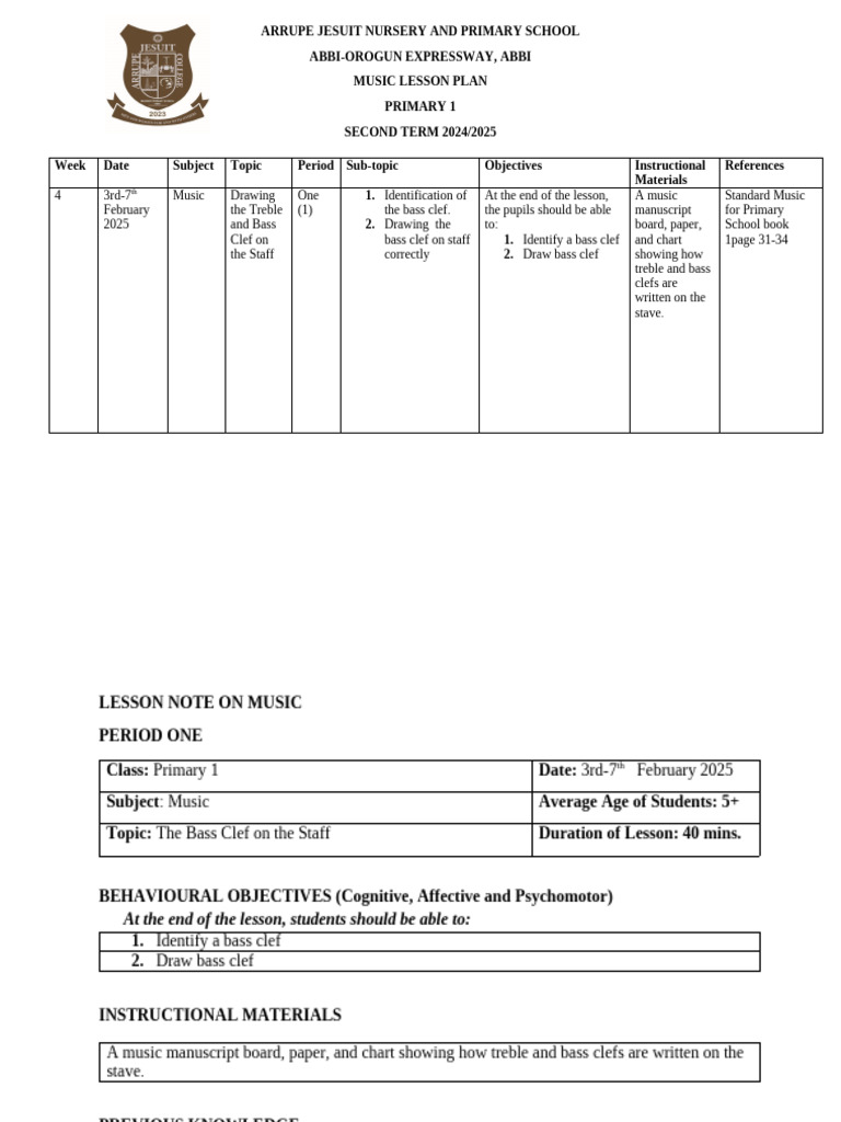 Primary 1 Week 4 Music Lesson Plan Second Term | PDF | Clef | Teachers