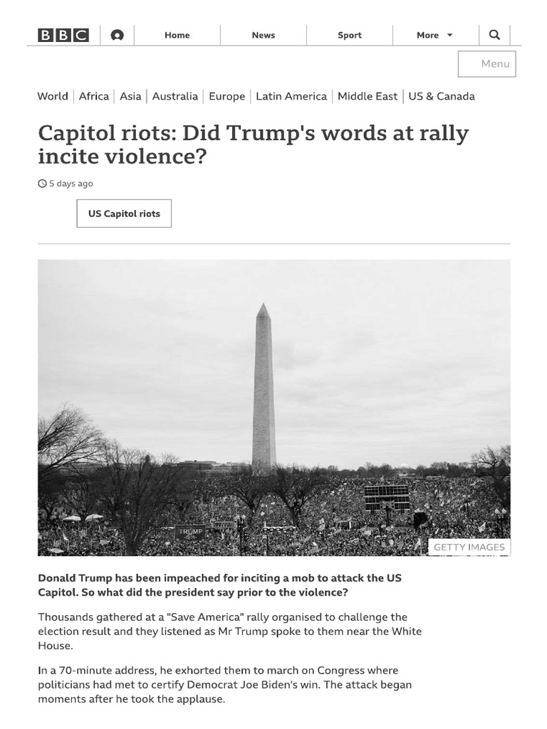 Capitol Riots - Did Trump's Words at Rally Incite Violence - BBC News | PDF
