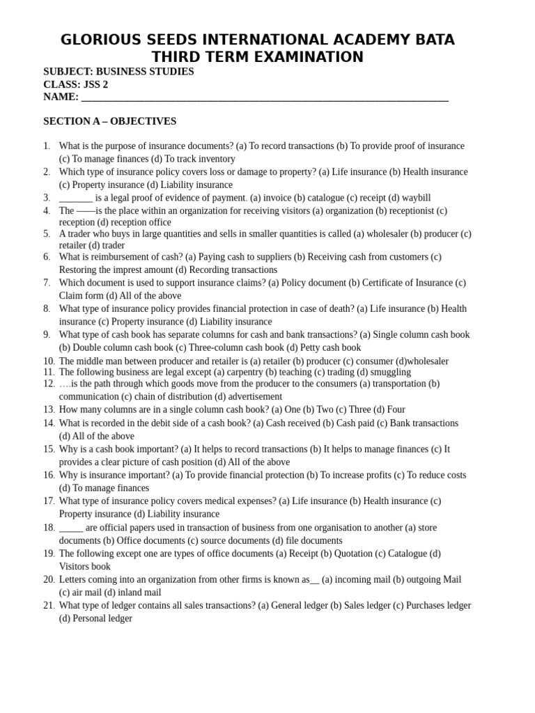 JSS2 Business Studies | PDF | Receipt | Cash