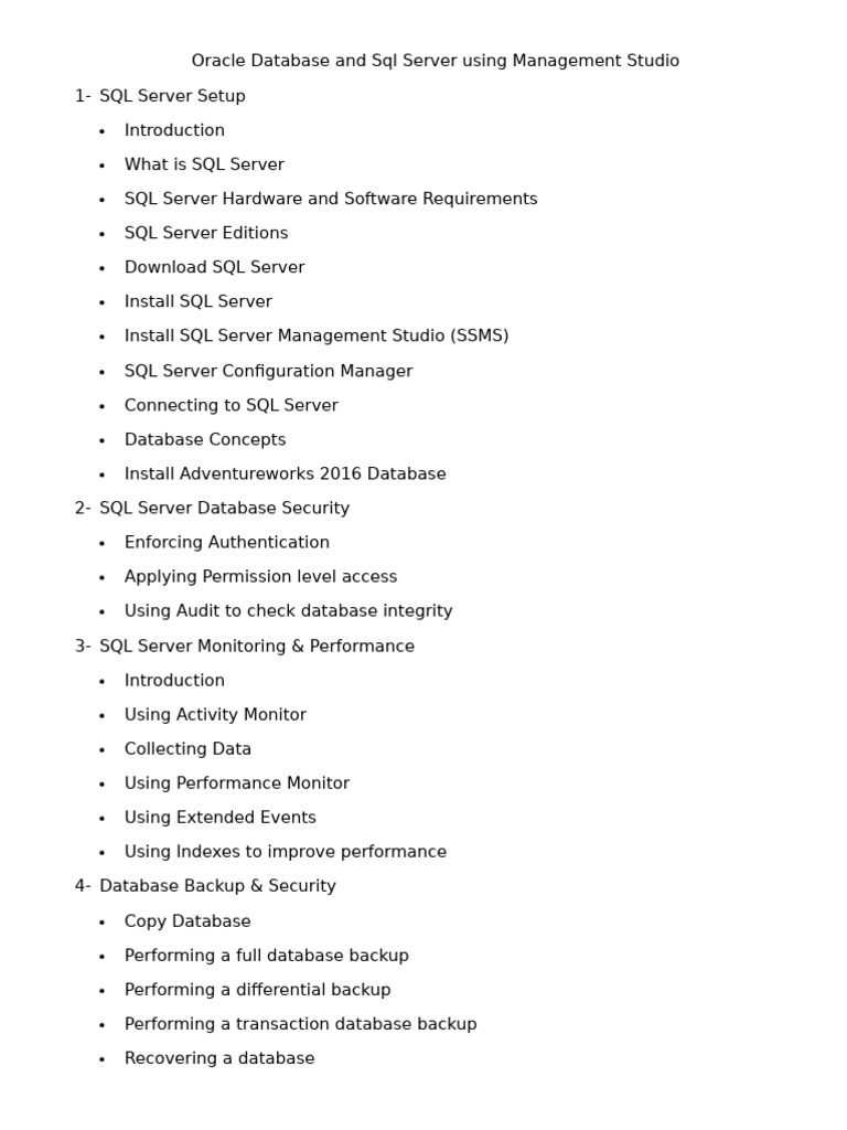 Oracle Database and SQL Server Using Management Studio Outline | PDF | Databases | Microsoft Sql ...