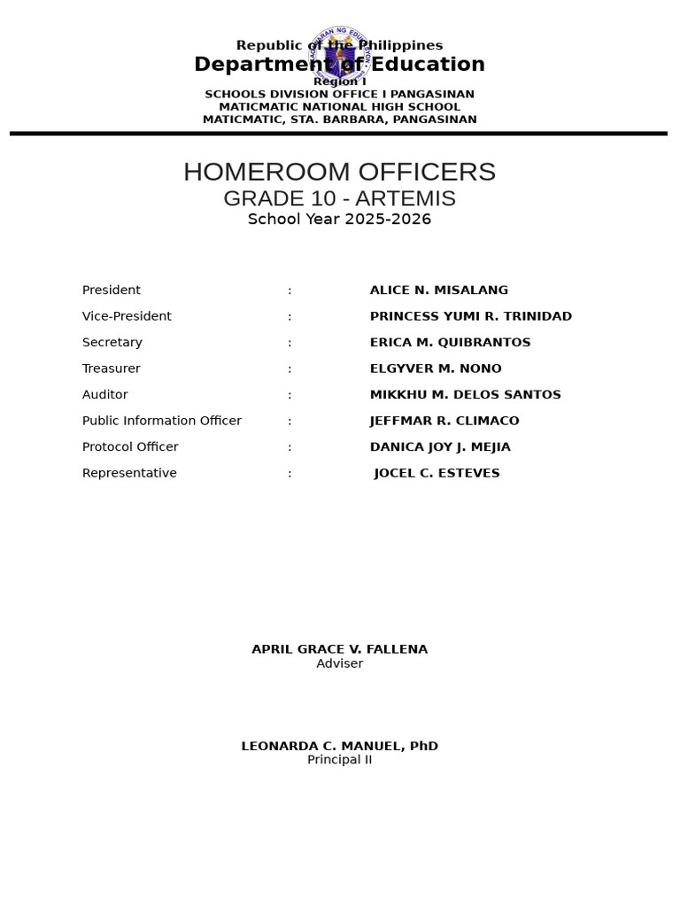 Homeroom Class Officers 10 Artemis | PDF