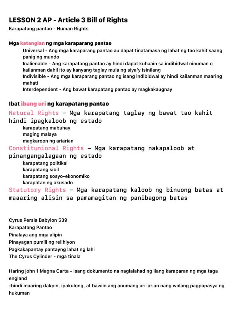 LESSON 2 AP - Article 3 Bill of Rights | PDF