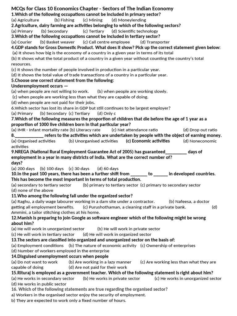 MCQs For Class 10 Economics Chapter | PDF | Employment | Gross Domestic ...