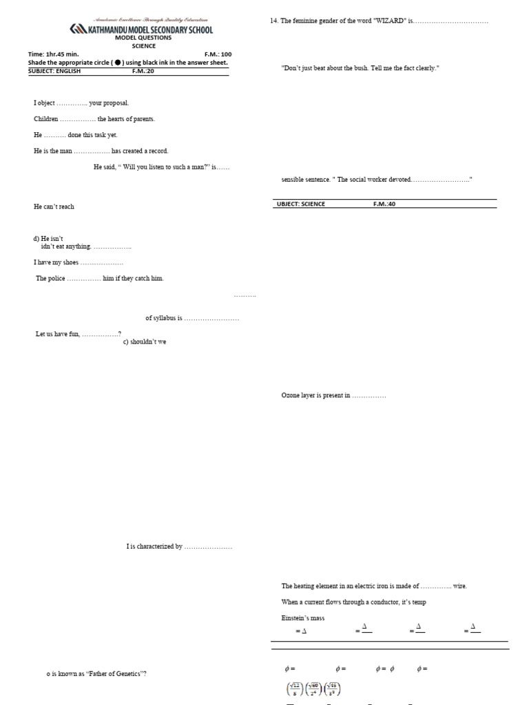 Model Question For Science 1 | PDF | Ploidy | Leaf