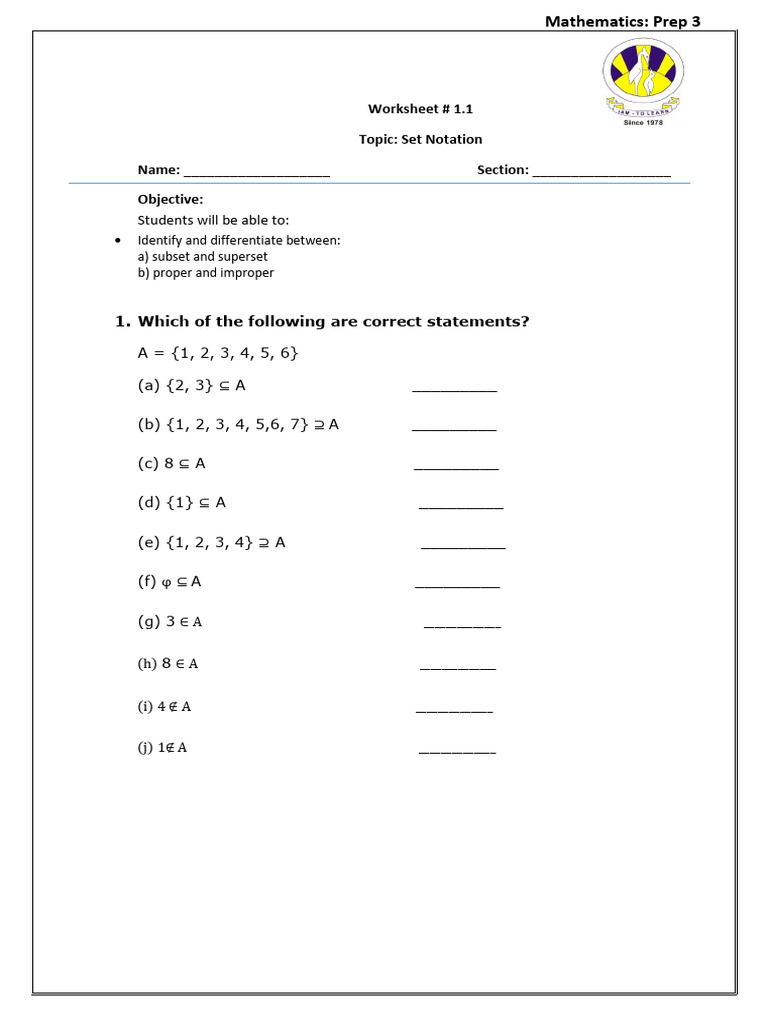 Worksheet 1.1 - Set Notation | PDF | Subset | Mathematical Concepts