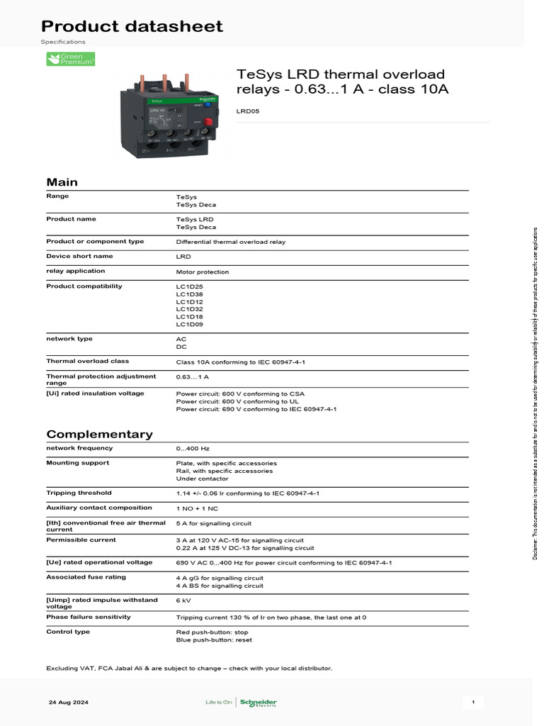 Schneider Electric TeSys Deca Overload Relays LRD05 | PDF | Relay ...