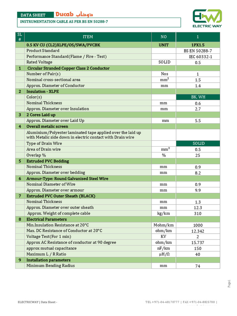 Instrumentation Cable Data Sheet | PDF | Wire | Insulator (Electricity)
