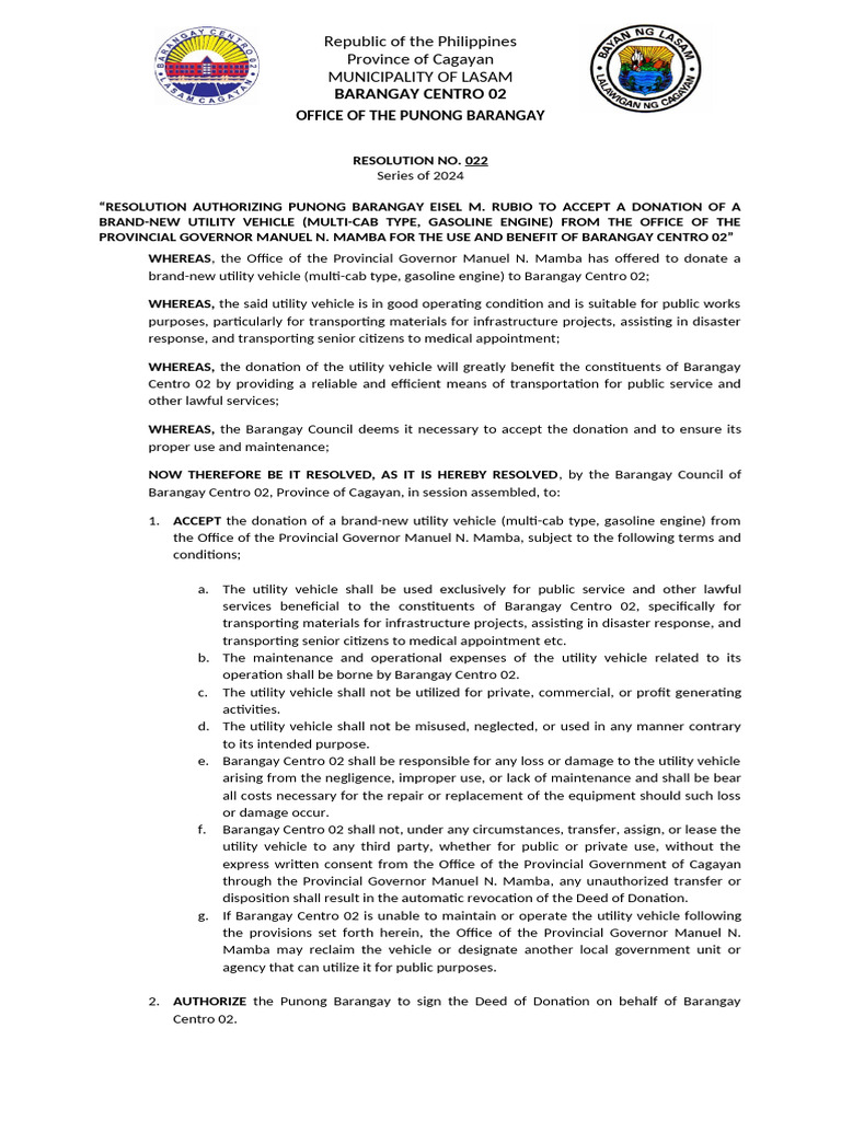 Barangay Centro 02 Vehicle Donation Resolution | PDF | Common Law | Justice