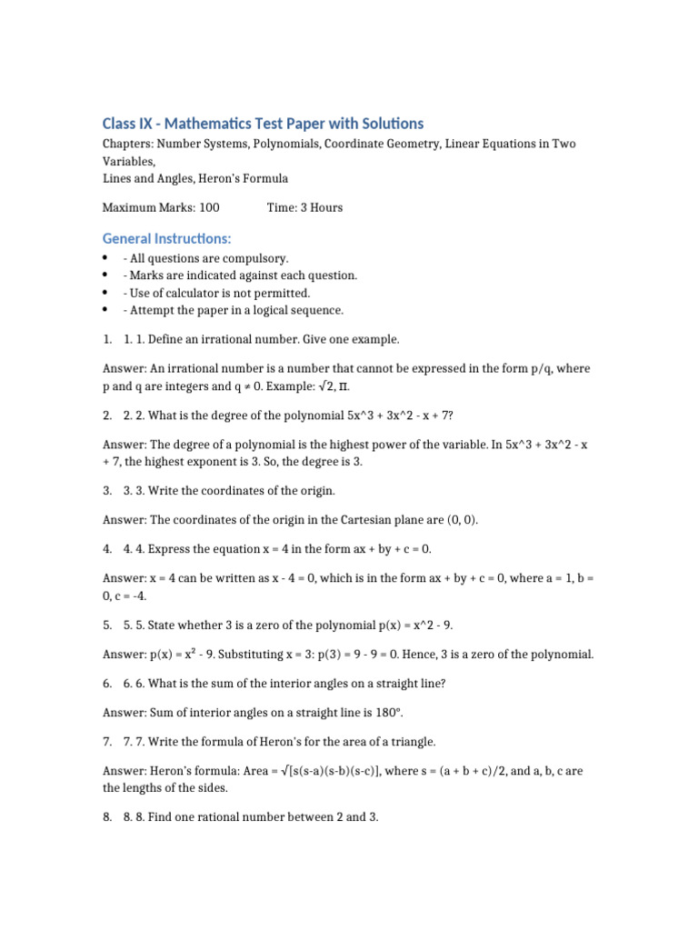 IX Math Test Paper Solutions | PDF | Triangle | Polynomial