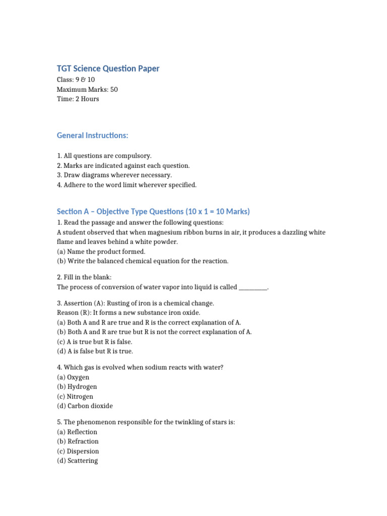 TGT Science Question Paper | PDF | Mirror | Chemical Reactions