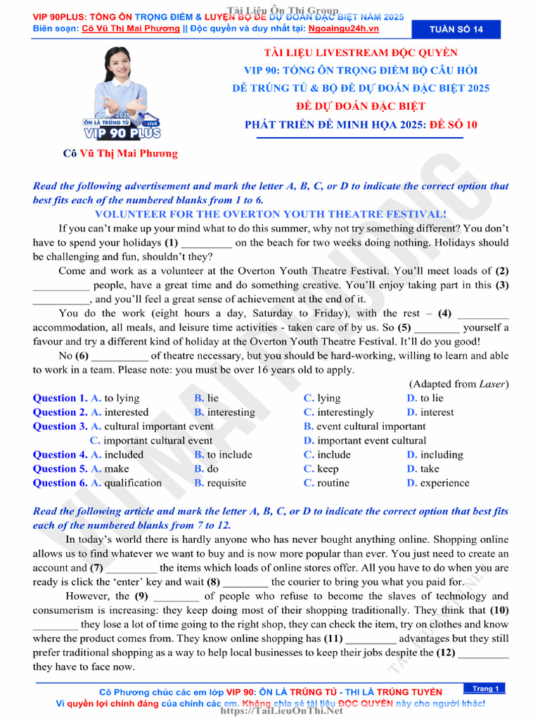 09 Vip 90 Tuan So 14 Bo de Du Doan Dac Biet Phat Trien de Thi Minh Hoa Nam 2025 de So 10 | PDF