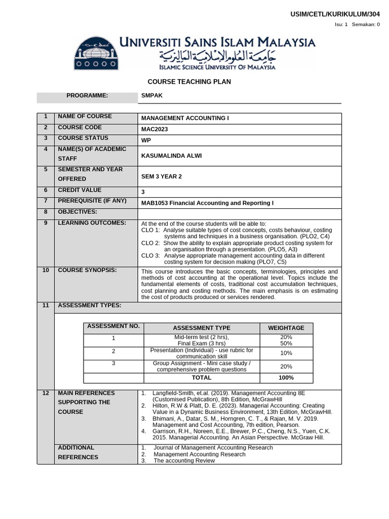 SEM A241 - MAC2023 - Course Teaching Plan | PDF | Accounting ...