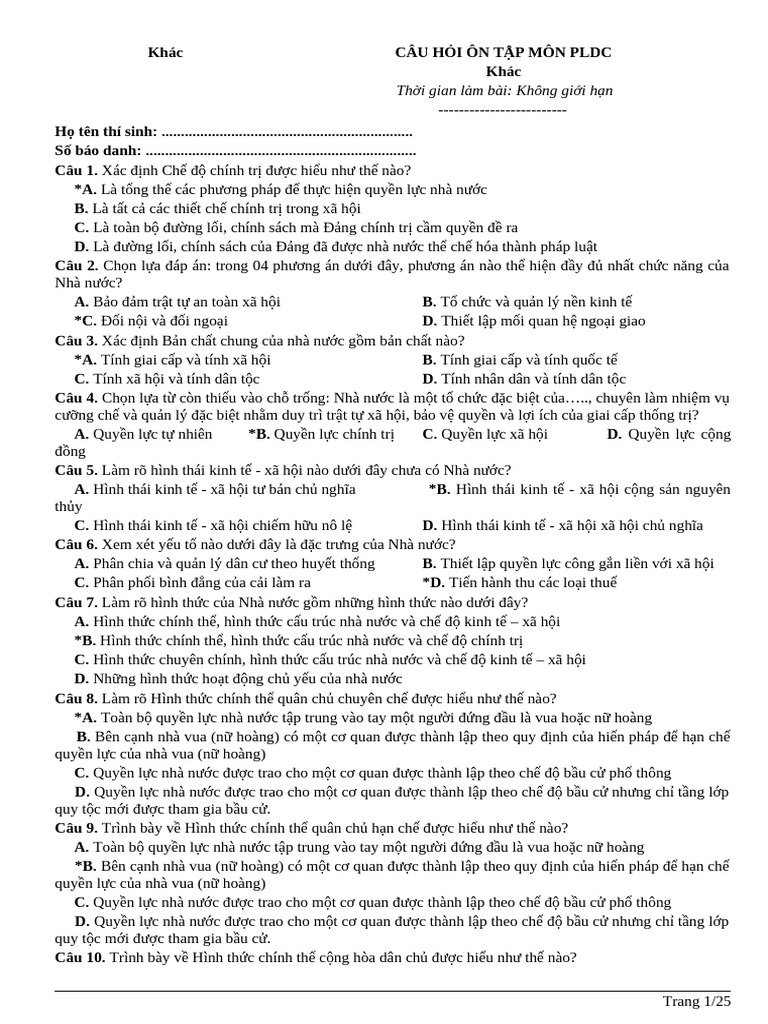 Trac Nghiem PLDC (ĐH NH) 2025 | PDF