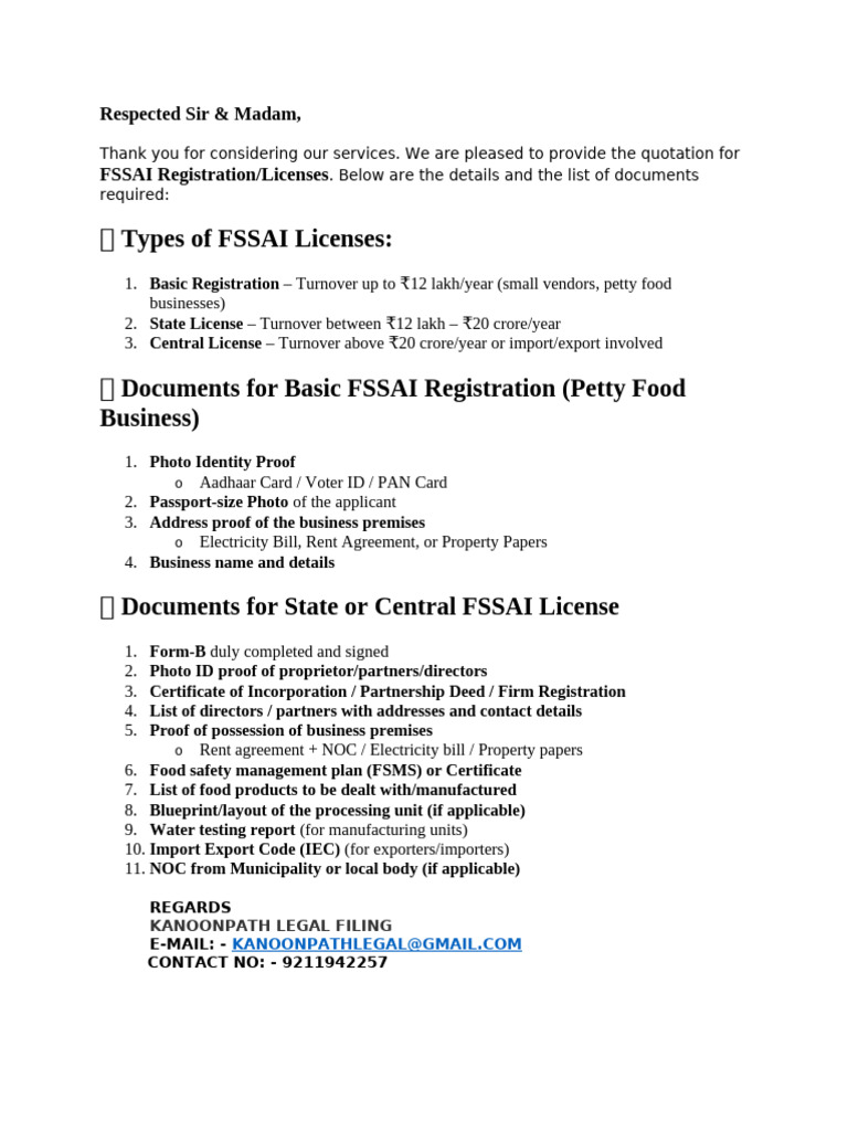 FSSAI Registration Quotation | PDF