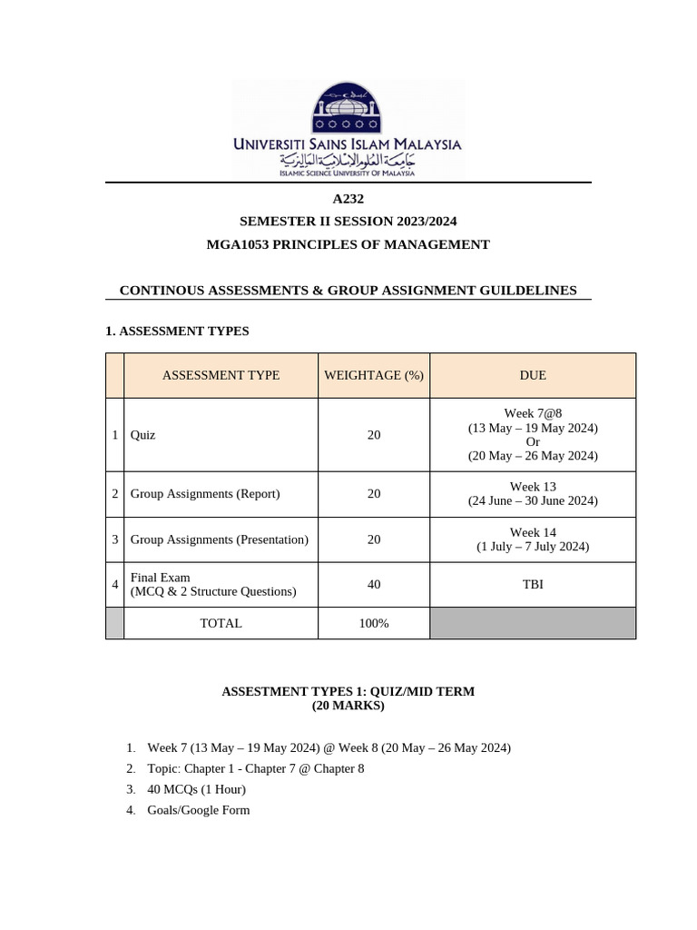 Continous Assesstment Group Assignment Guideline (MGA1053) | PDF | Educational Assessment ...