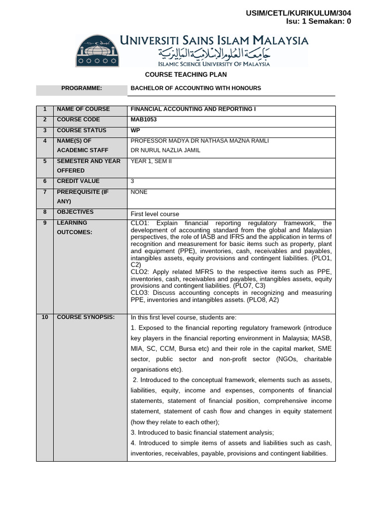 MAB1053 Course Teaching Plan (A232) | PDF | Financial Accounting ...