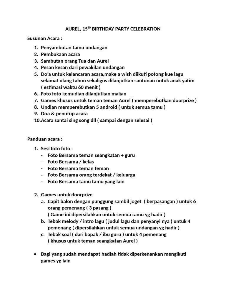 AUREL Susunan Acara Ultah 15th | PDF