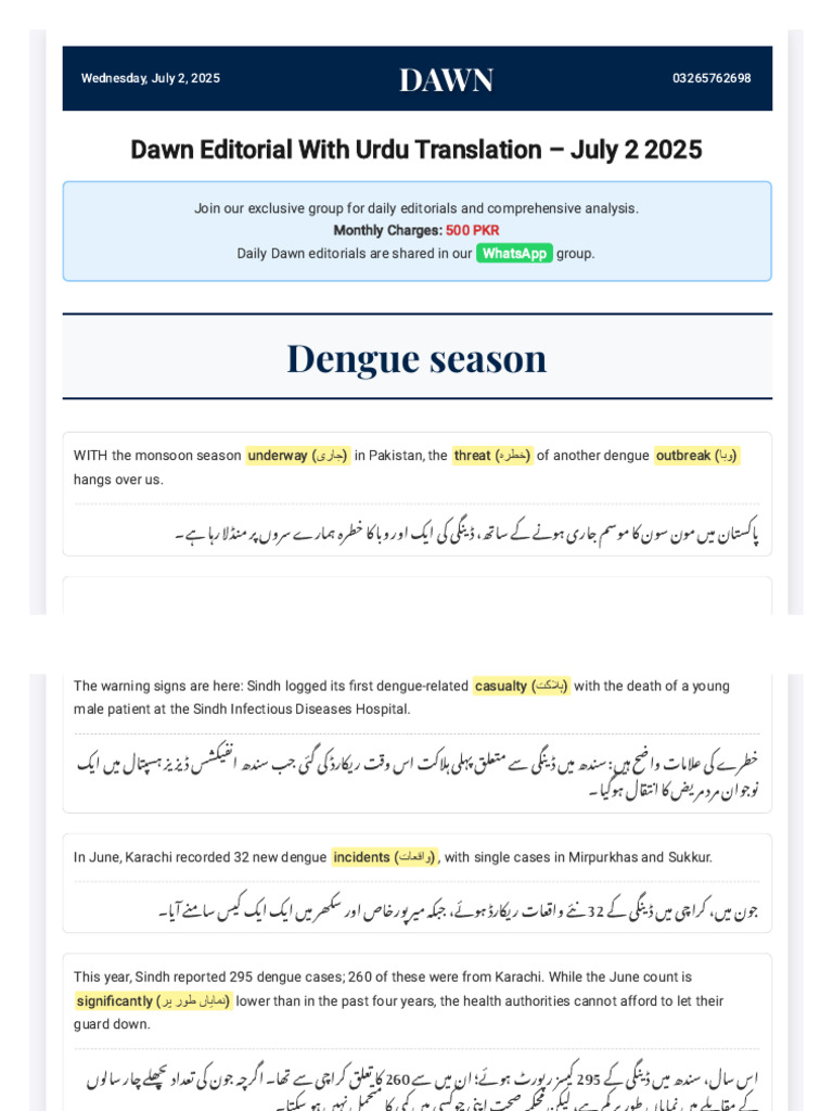 Dawn Editorial Dengue Season - July 2 2025 | PDF