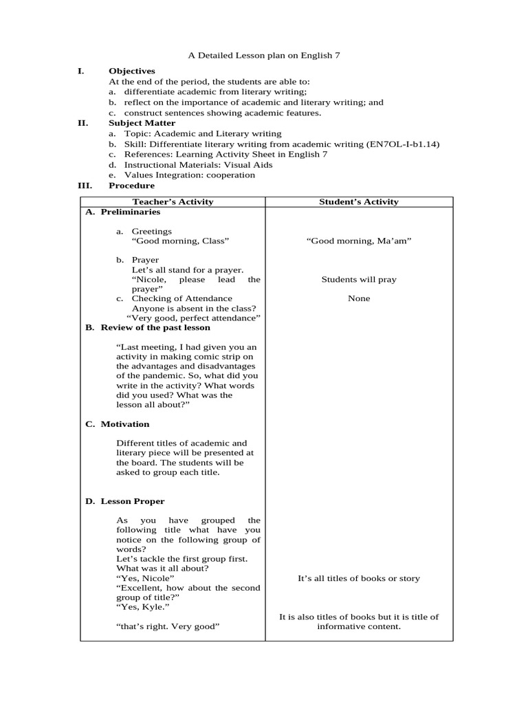 A Detailed Lesson Plan On English 7 | PDF | Lesson Plan | Writing