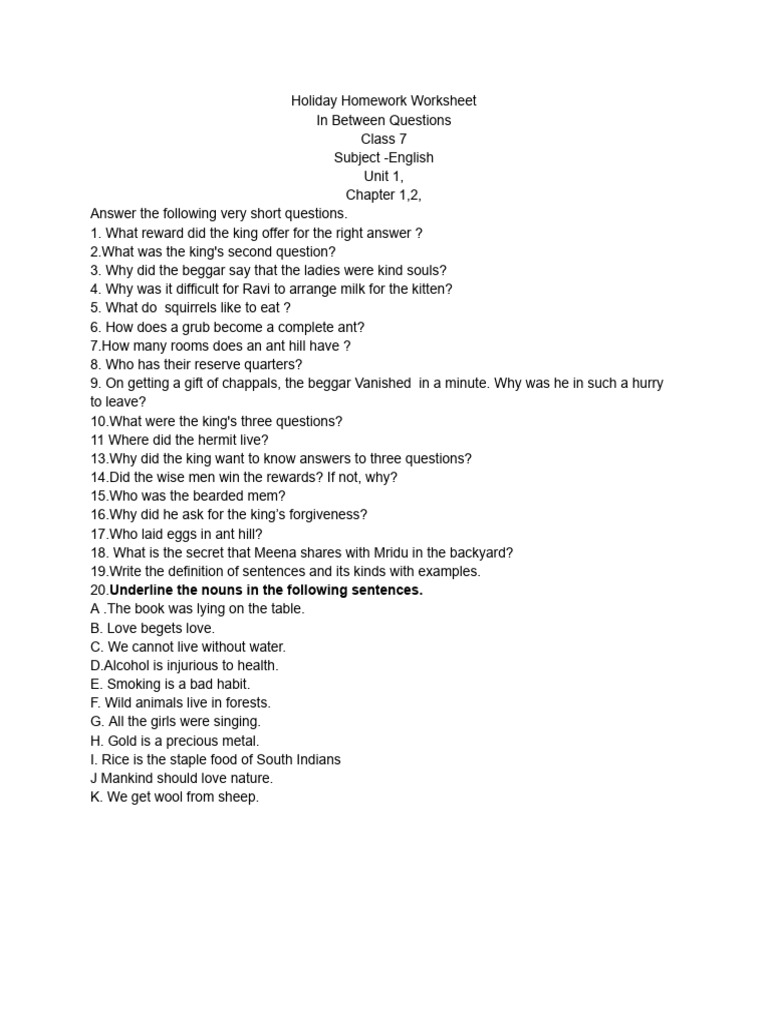 Holiday Homework Worksheet CL 7 | PDF