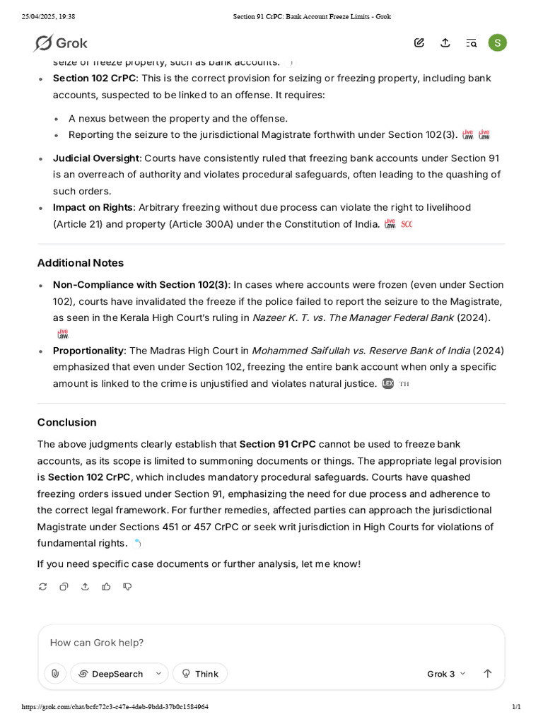 Section 91 CRPC - Bank Account Freeze Limits - Grok | PDF | Search And Seizure | Legal Documents