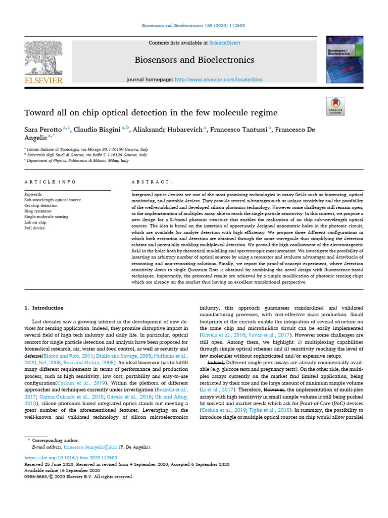 On-Chip Optical Detection for Biosensing | PDF | Biosensor | Optics