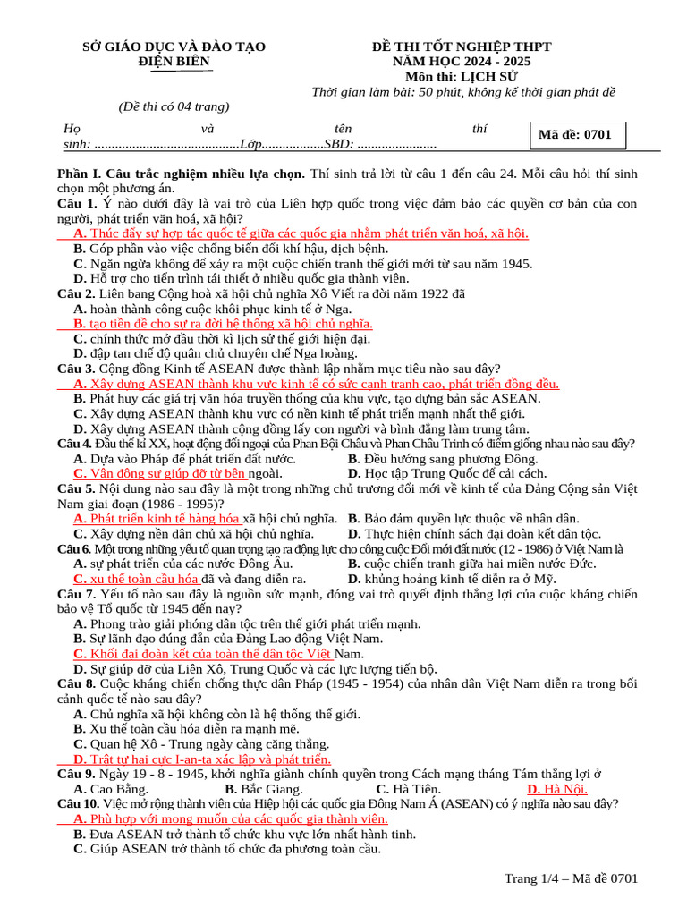 Điện Biên Mã Đề 0701 Đã Gạch Đáp Án | PDF